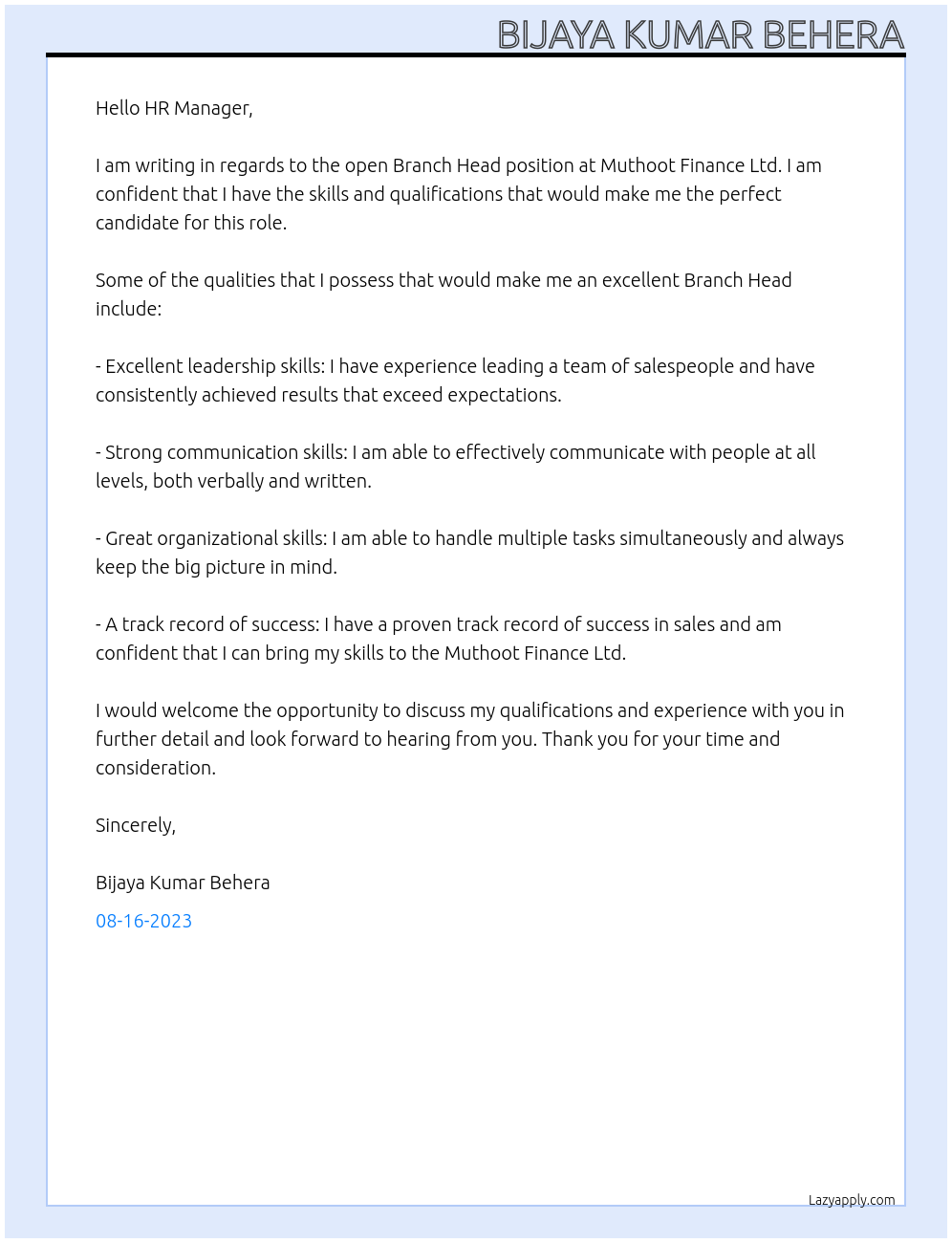 Cover letter for branch head - LazyApply