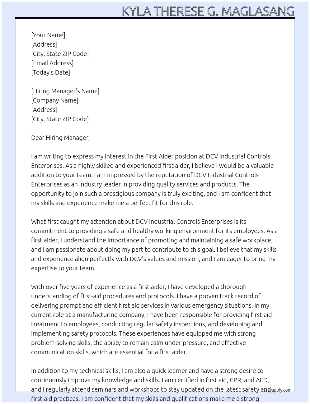 Cover letter for first aider - LazyApply