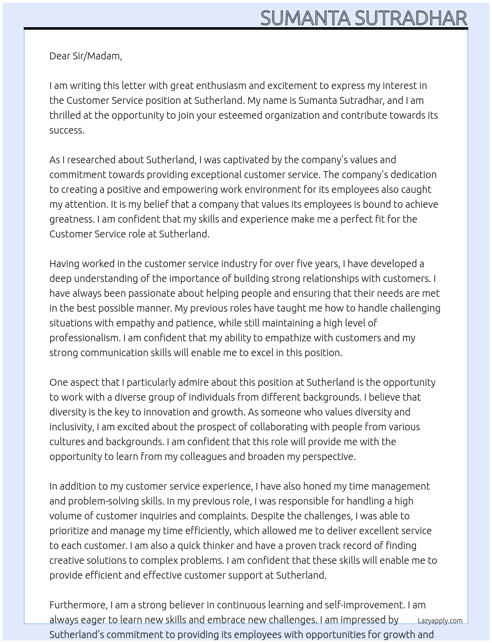 Cover letter for sutherland - LazyApply
