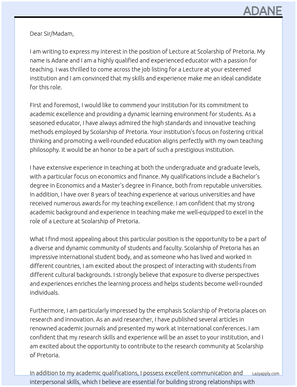 Cover letter for lecture - LazyApply