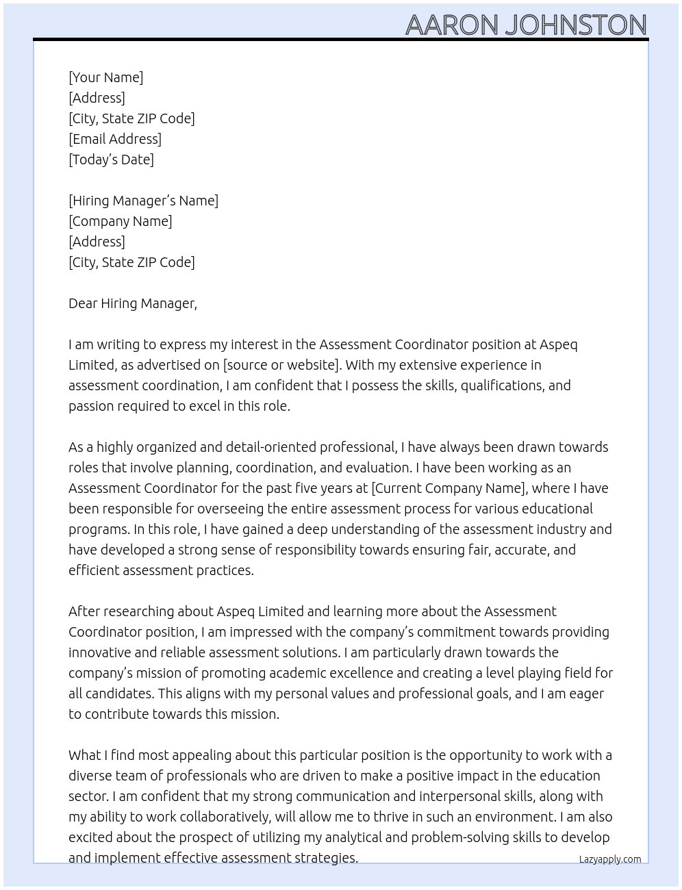 Cover letter for assessment coordinator - LazyApply
