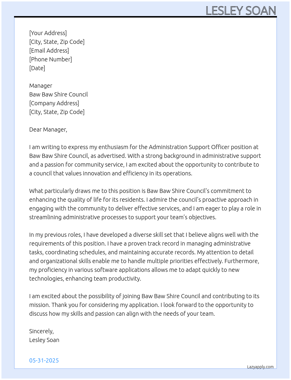 Cover letter for adminstration support officer - LazyApply