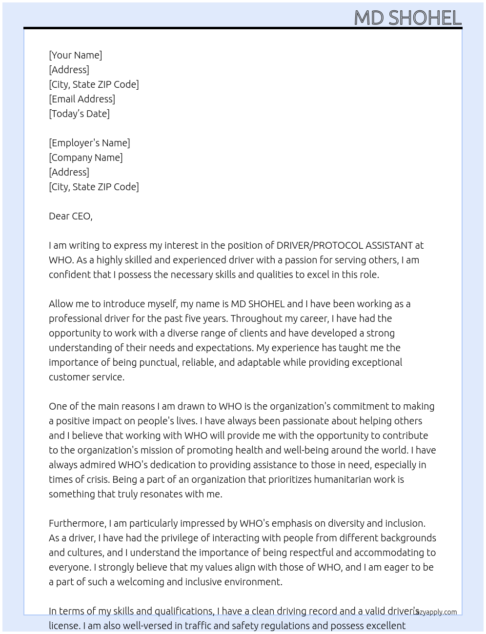 Cover letter for WHO - LazyApply