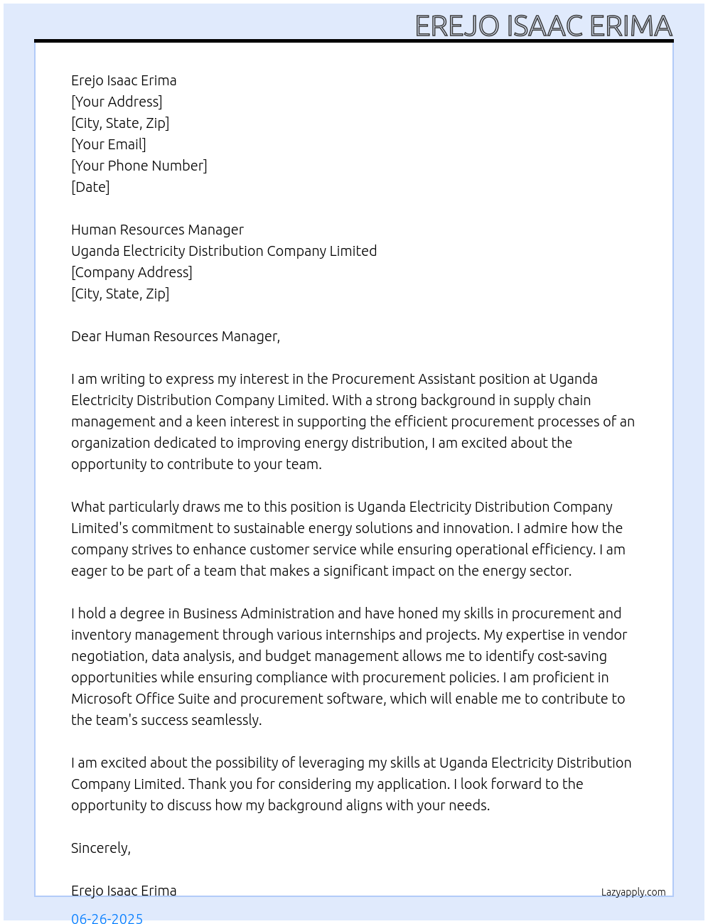 Cover letter for proccurement assistant - LazyApply