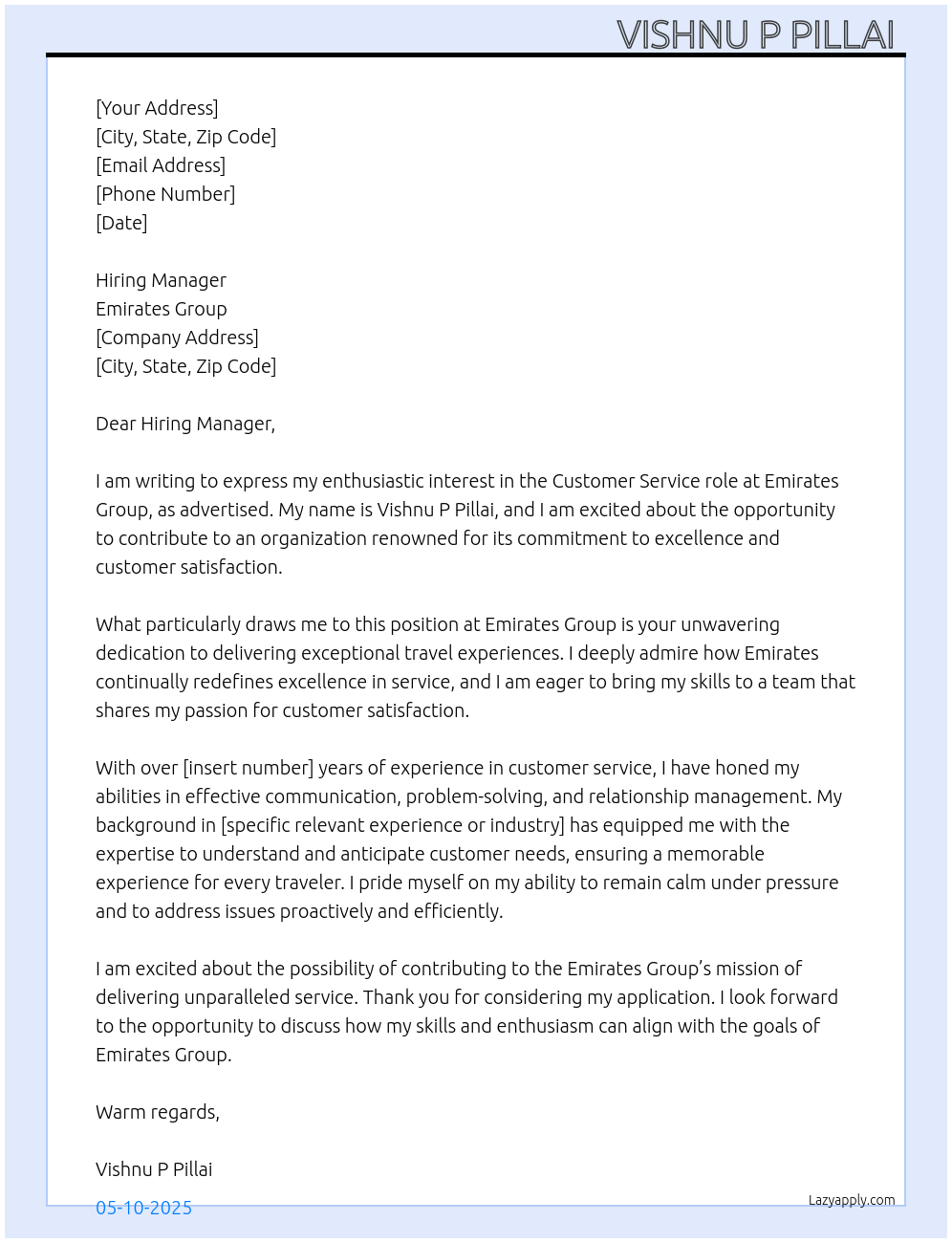 Cover letter for customer service roles at emirates group - LazyApply