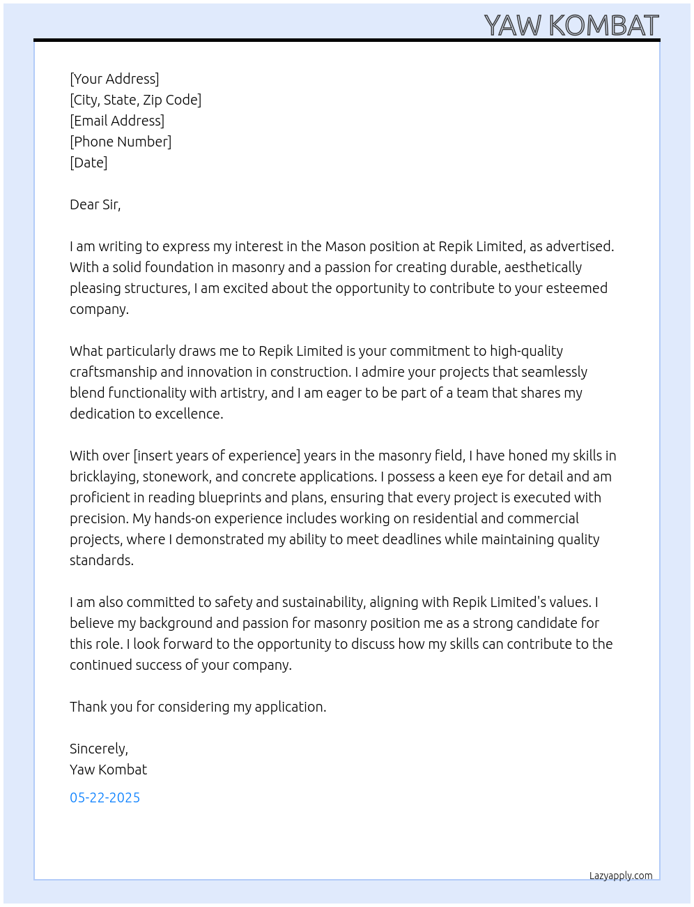 Cover letter for mason - LazyApply
