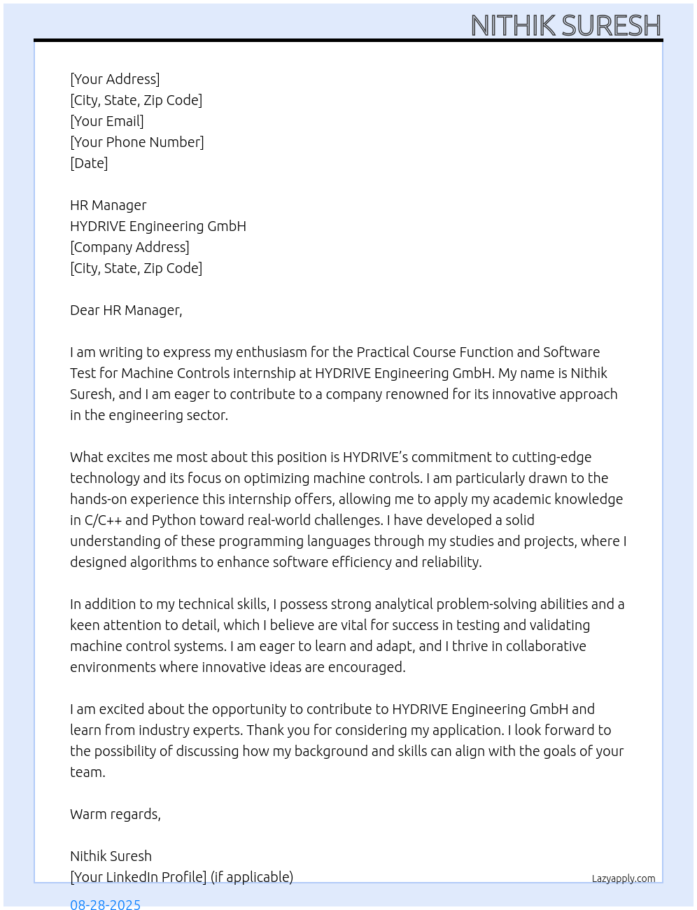 Cover letter for practical course function and software test for ...