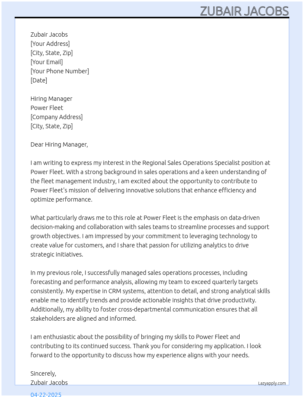Cover letter for regional sales operations specialist - LazyApply