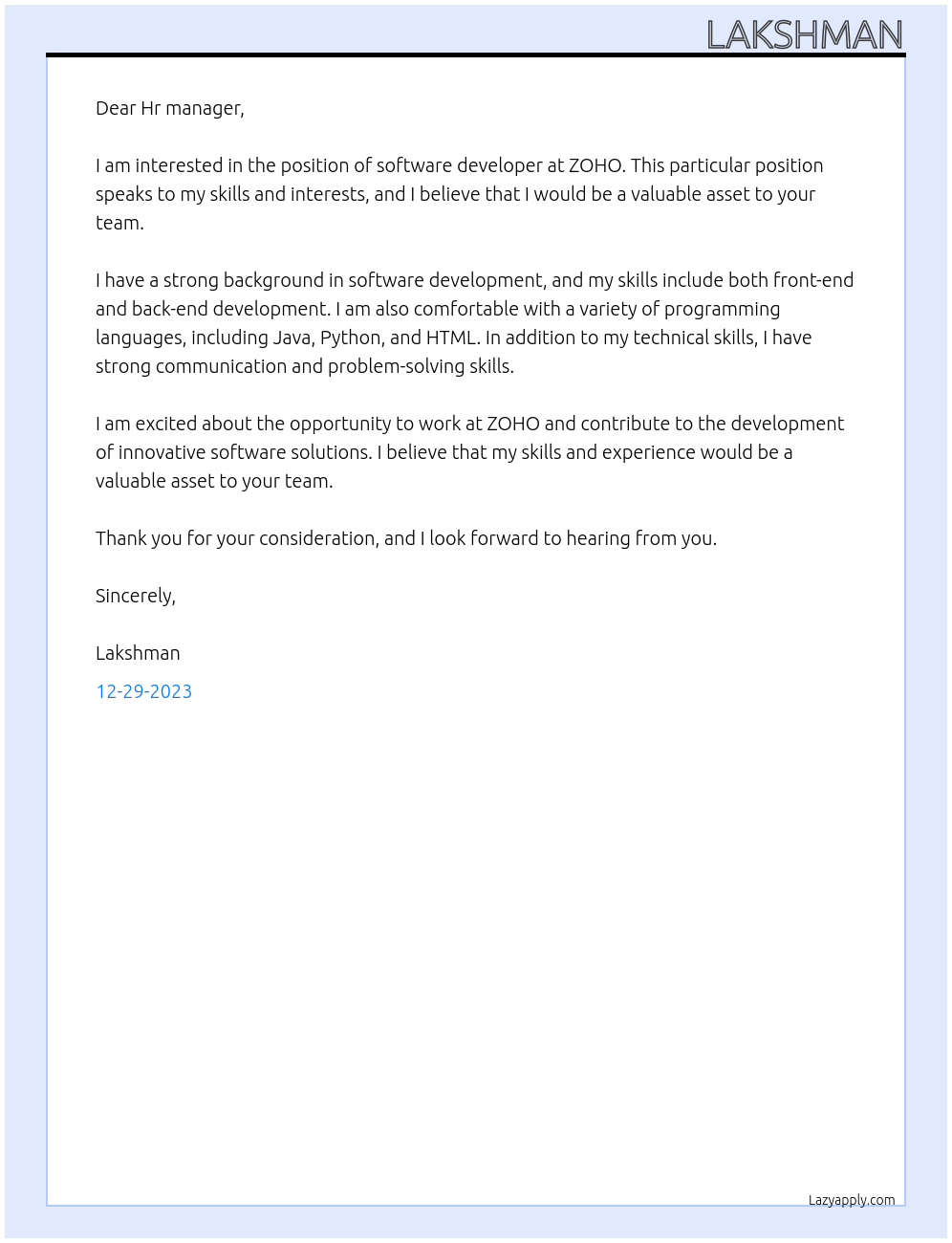 Cover letter for zoho - LazyApply