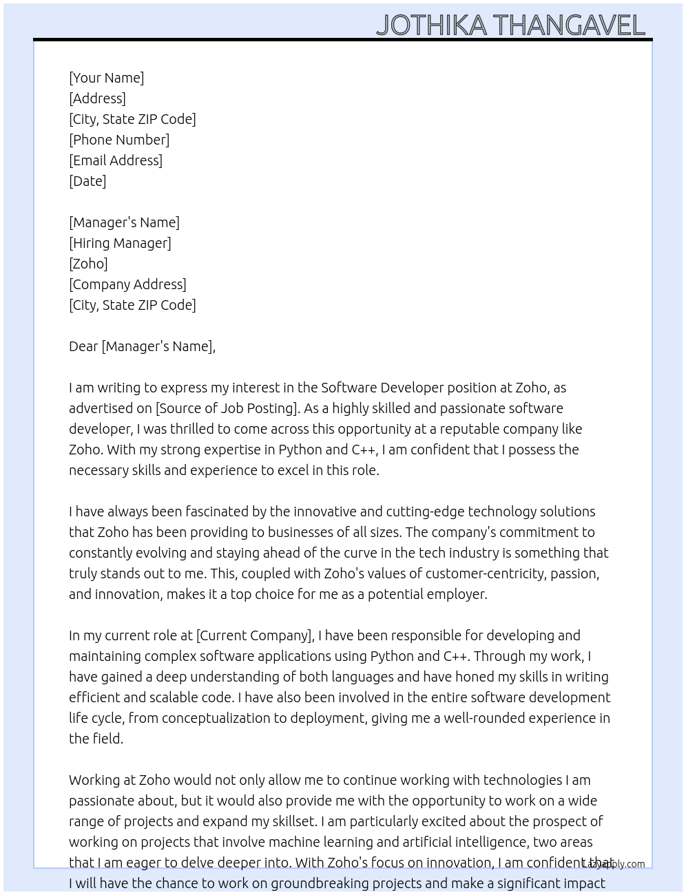 Cover letter for zoho - LazyApply