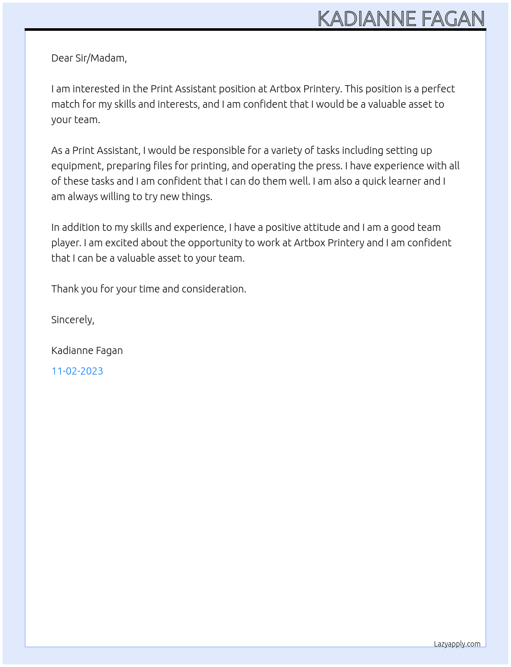 Cover letter for print assistant - LazyApply