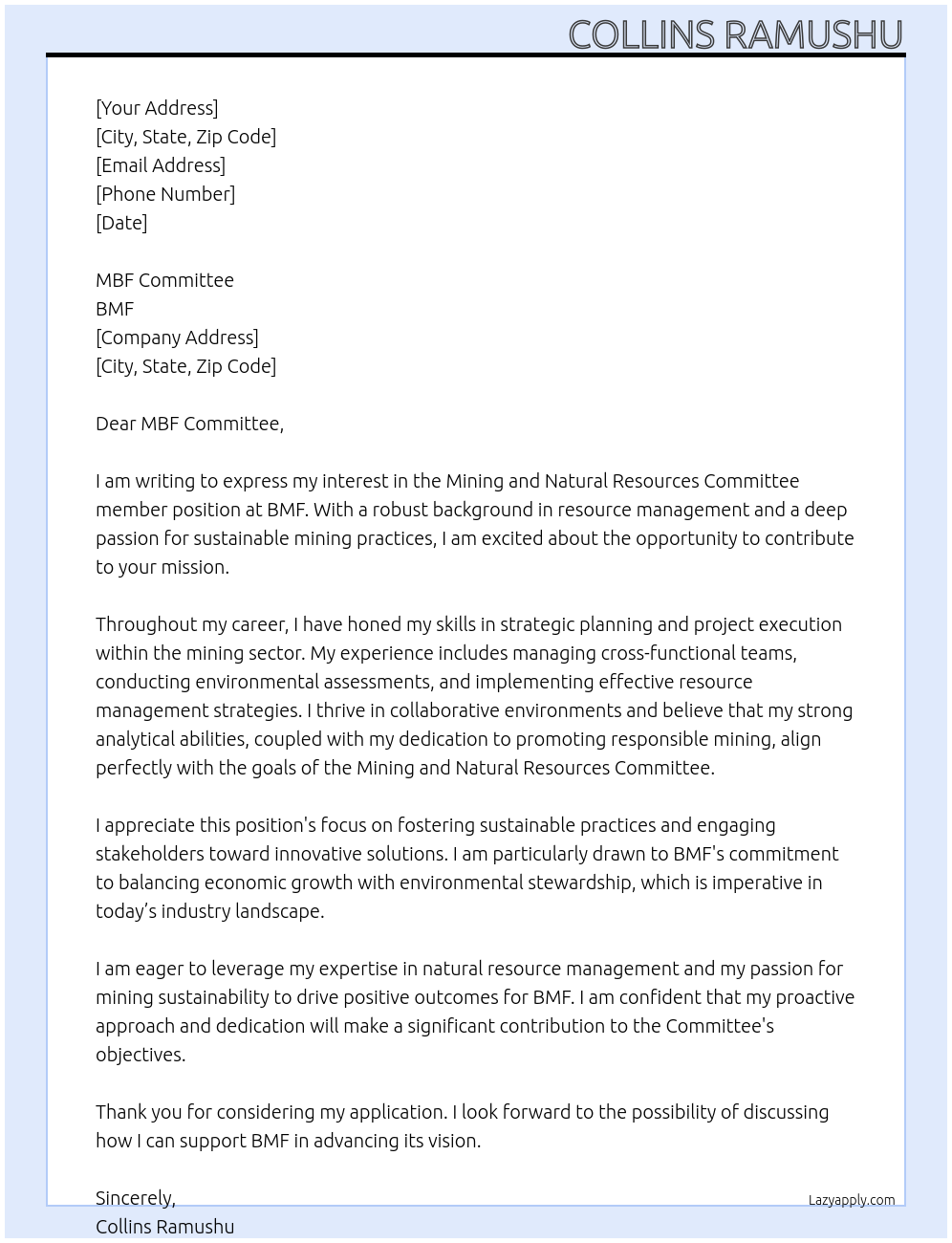 Cover letter for mining and natural resources committee member - LazyApply