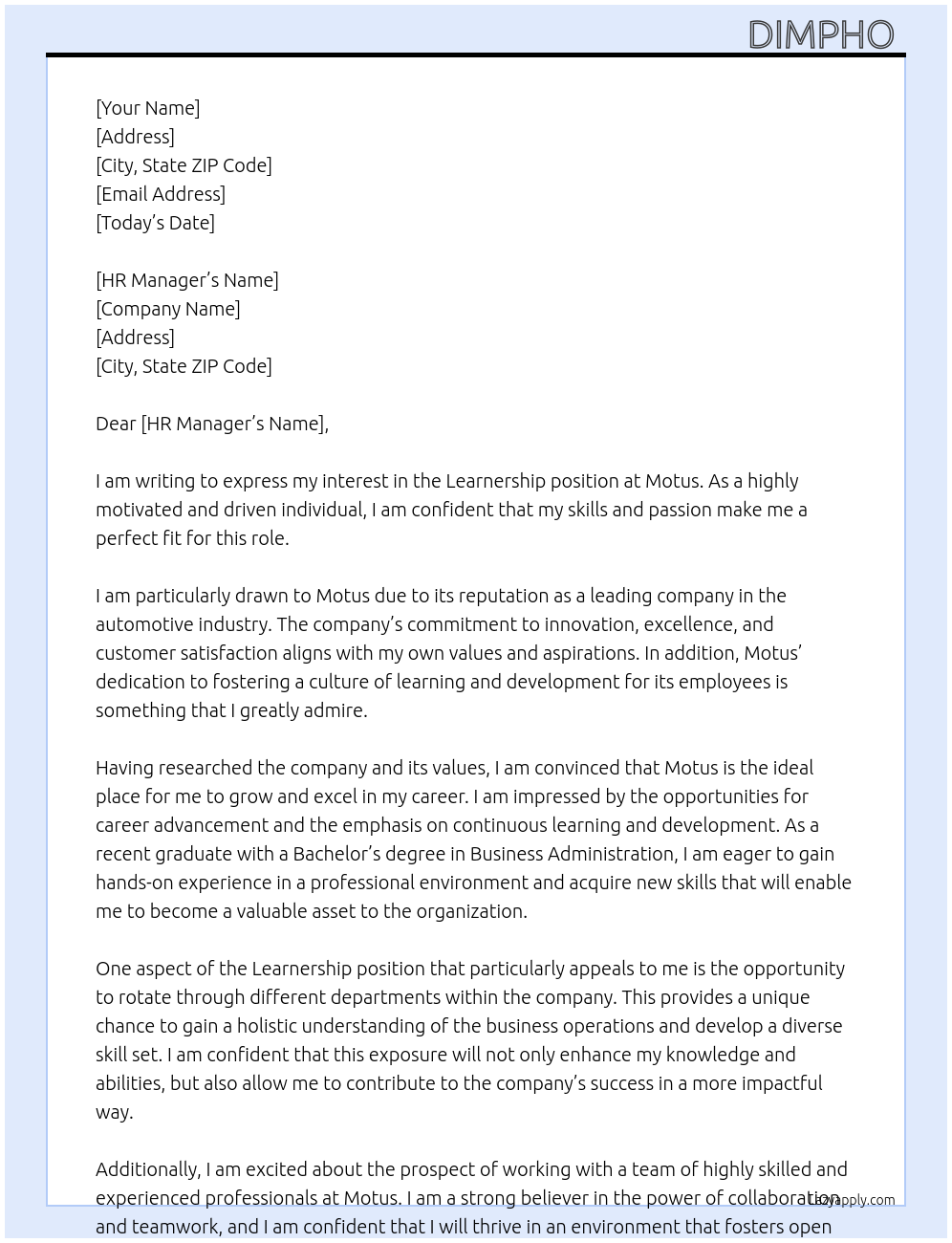 Cover letter for learnership - LazyApply