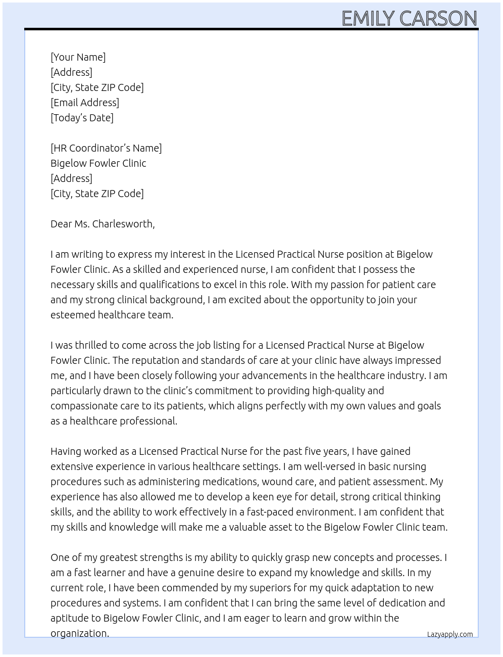 Cover letter for licensed practical nurse - LazyApply