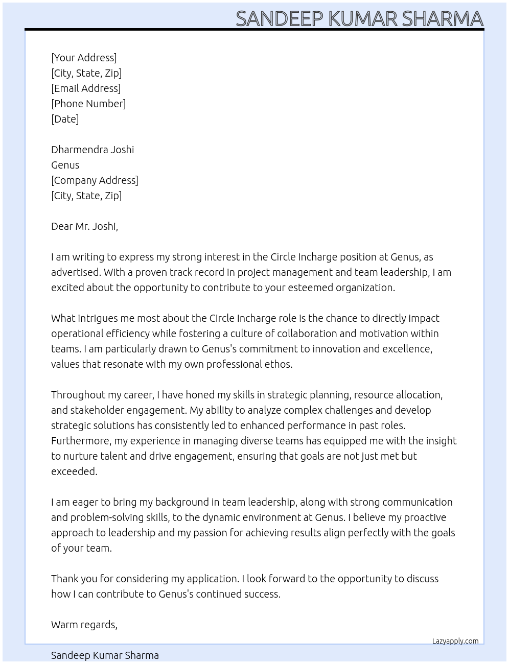 Cover letter for circle incharge - LazyApply