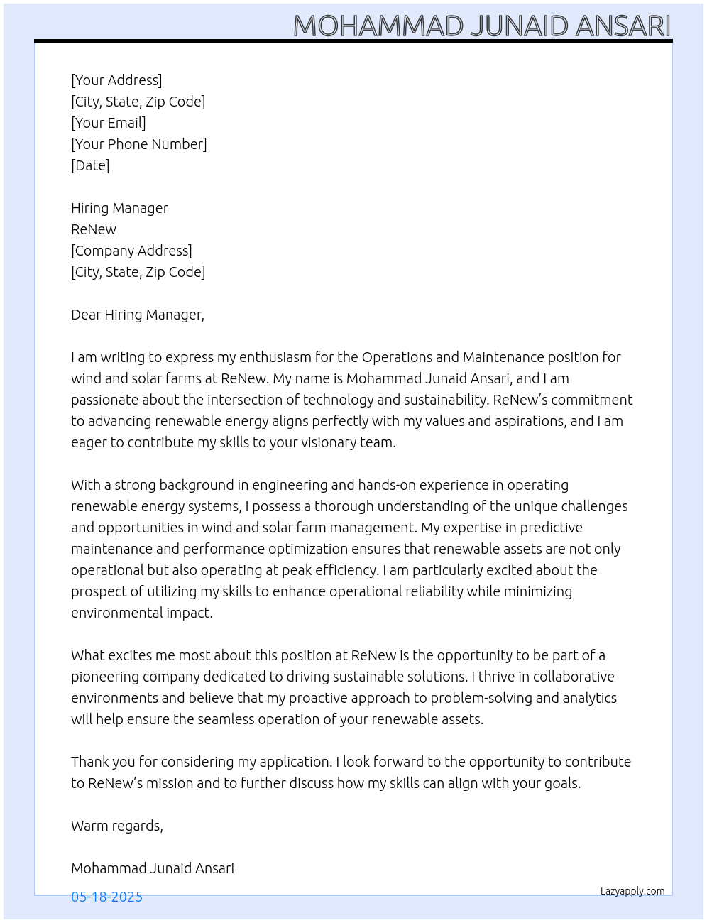 Cover letter for operation and maintenance of wind and solar farms ...