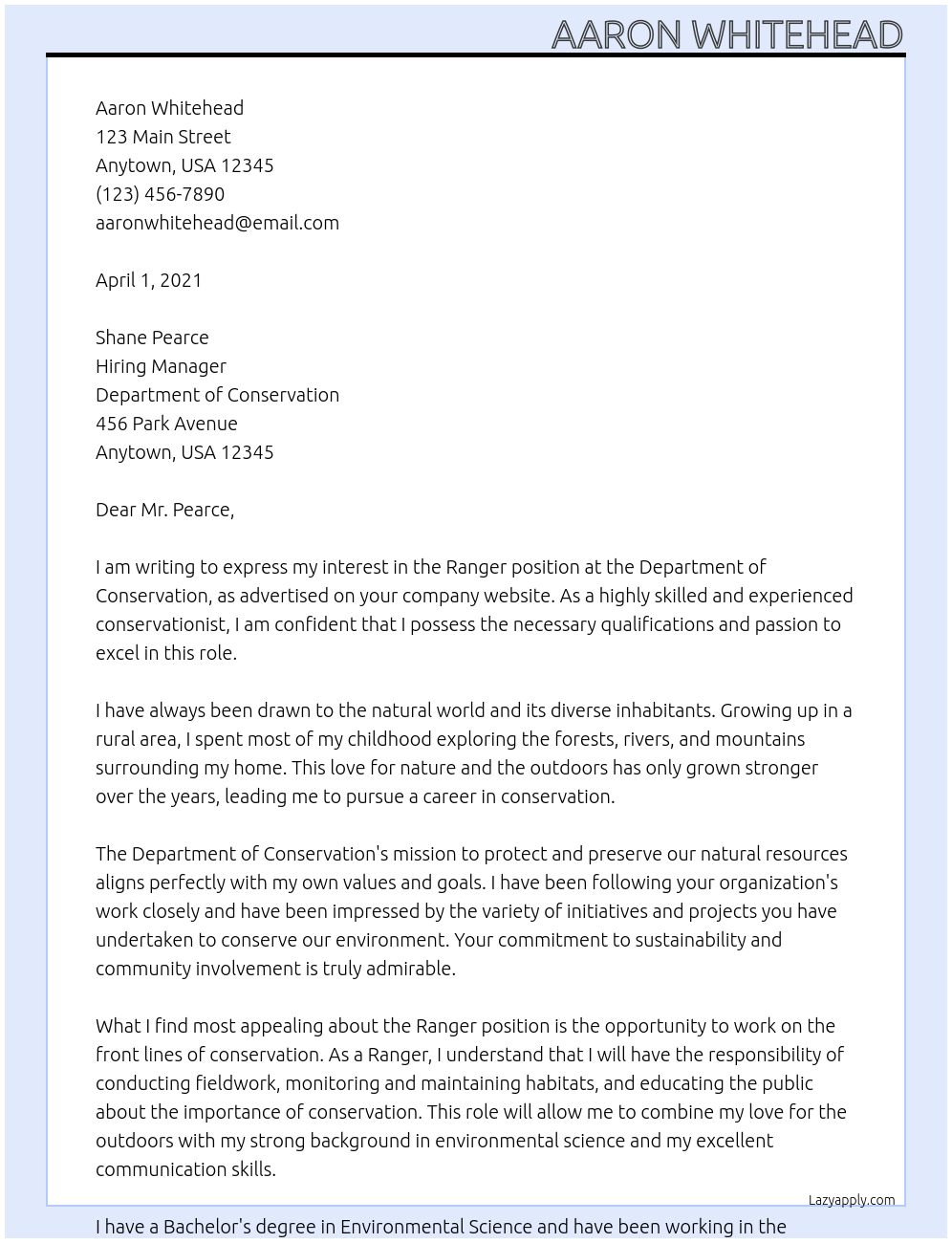 Cover letter for ranger - LazyApply