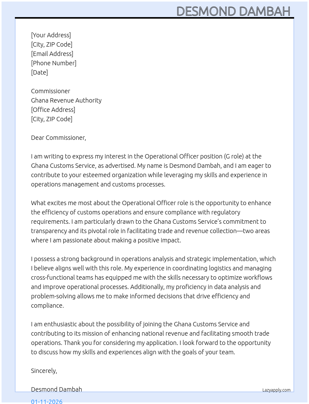 Cover letter for operational officer - LazyApply
