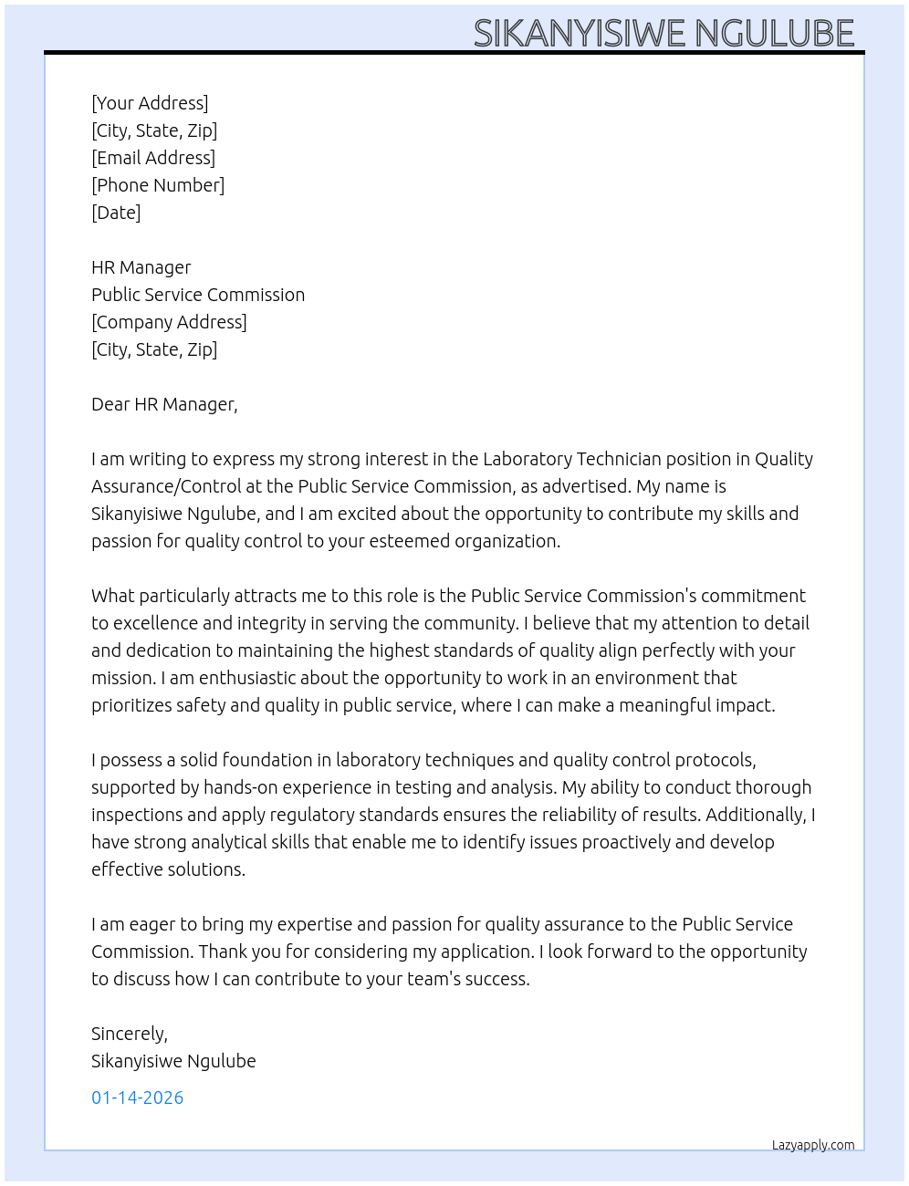 Cover letter for laboratory technician, quality assurance/control ...