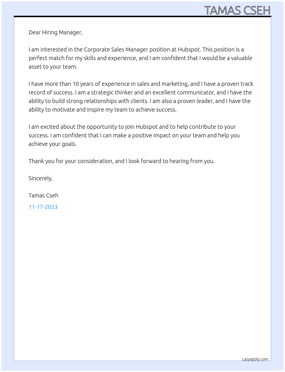 Cover letter for corporate sales manager - LazyApply