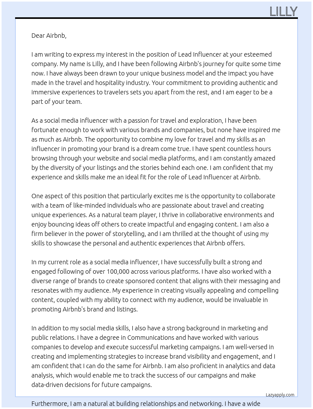 Cover letter for lead influencer - LazyApply