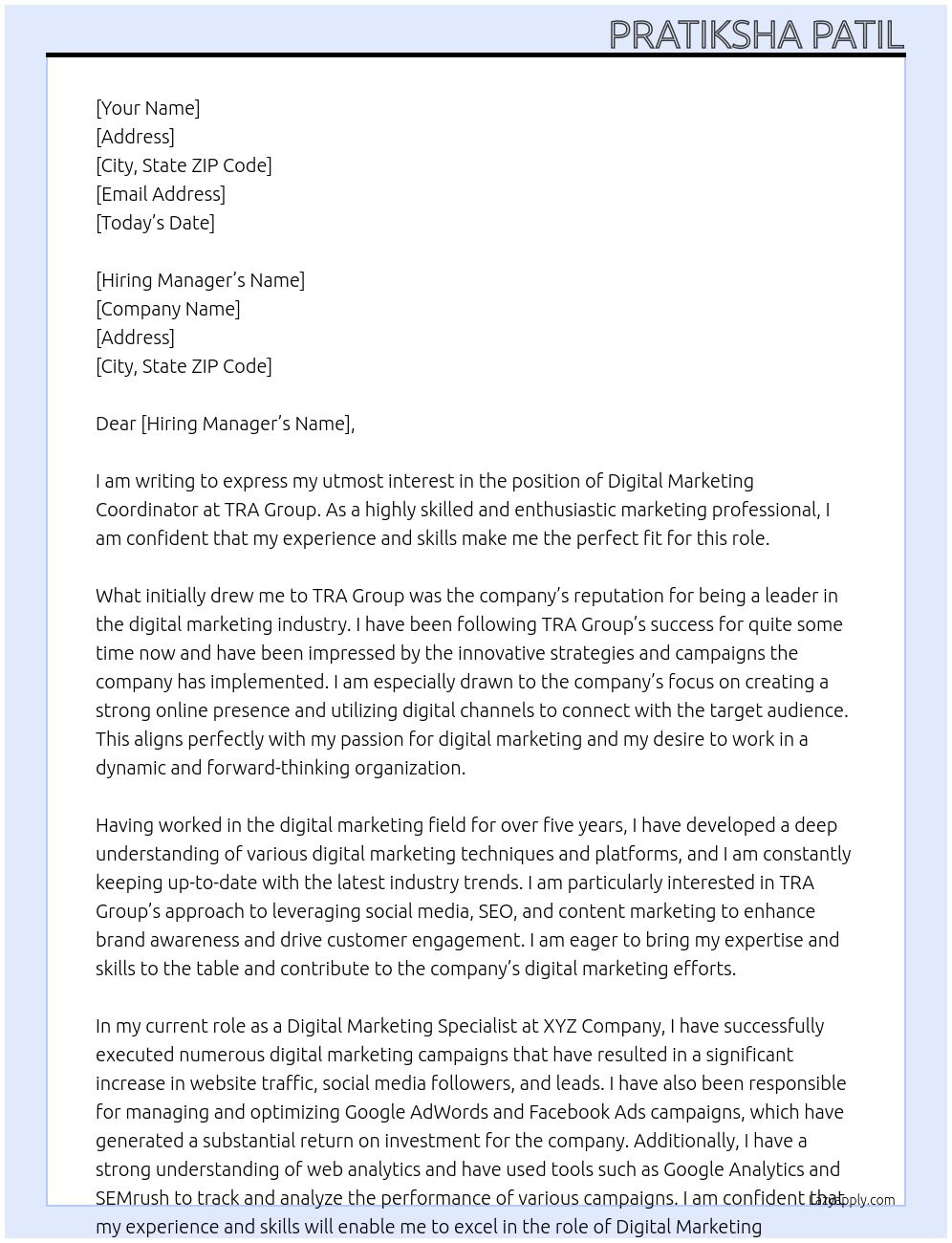 Cover letter for digital marketing coordinator - LazyApply