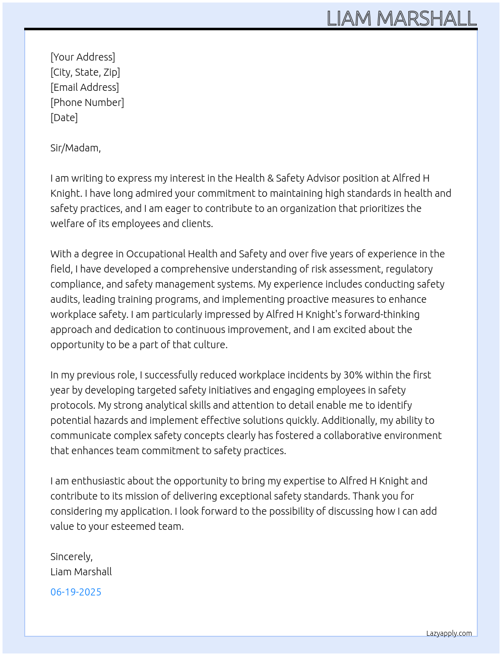 Cover letter for health & safety advisor - LazyApply