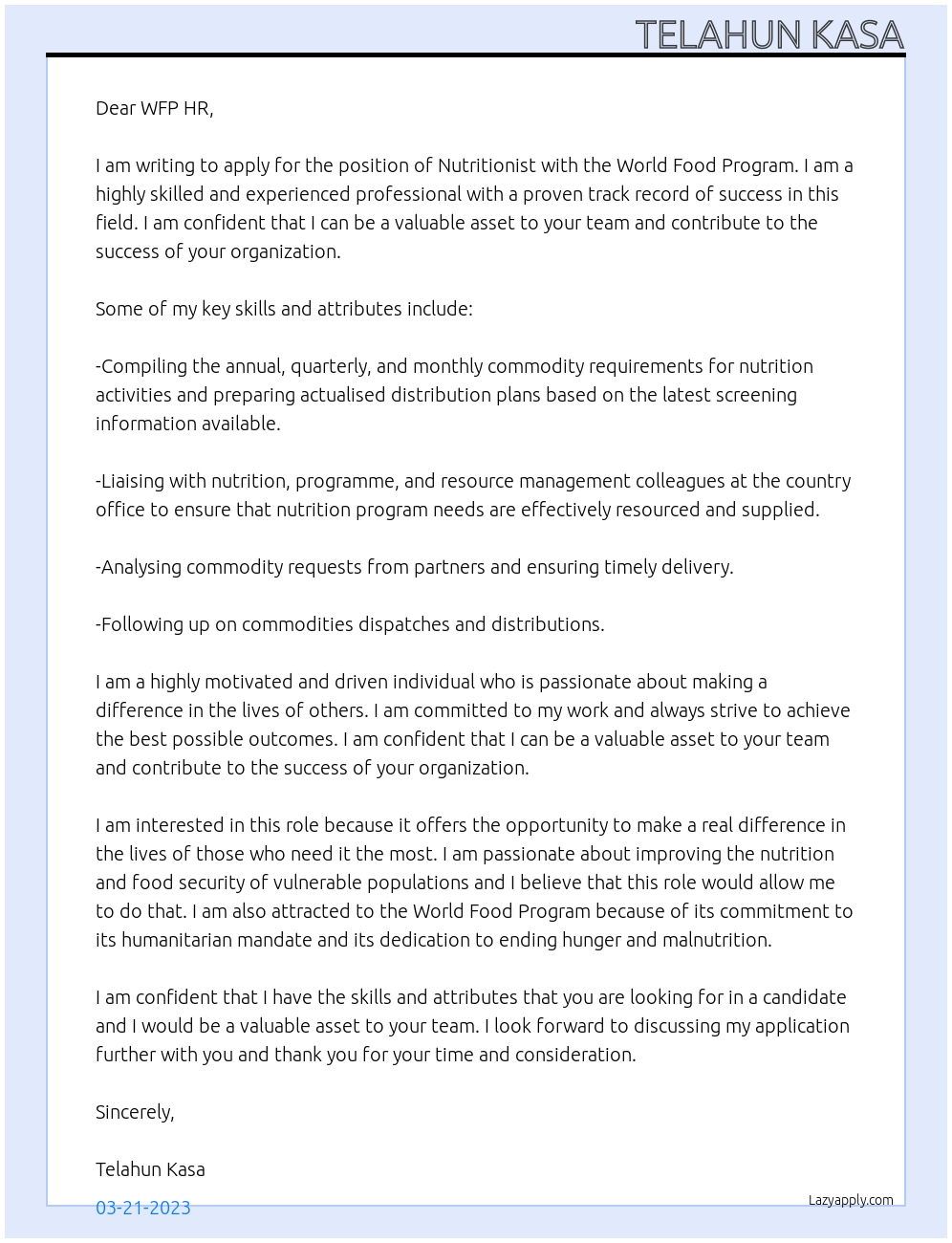 Cover letter for nutritionist - LazyApply
