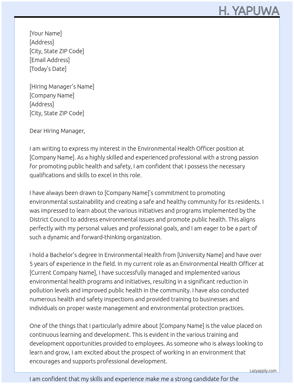 Cover letter for environmental health officer - LazyApply