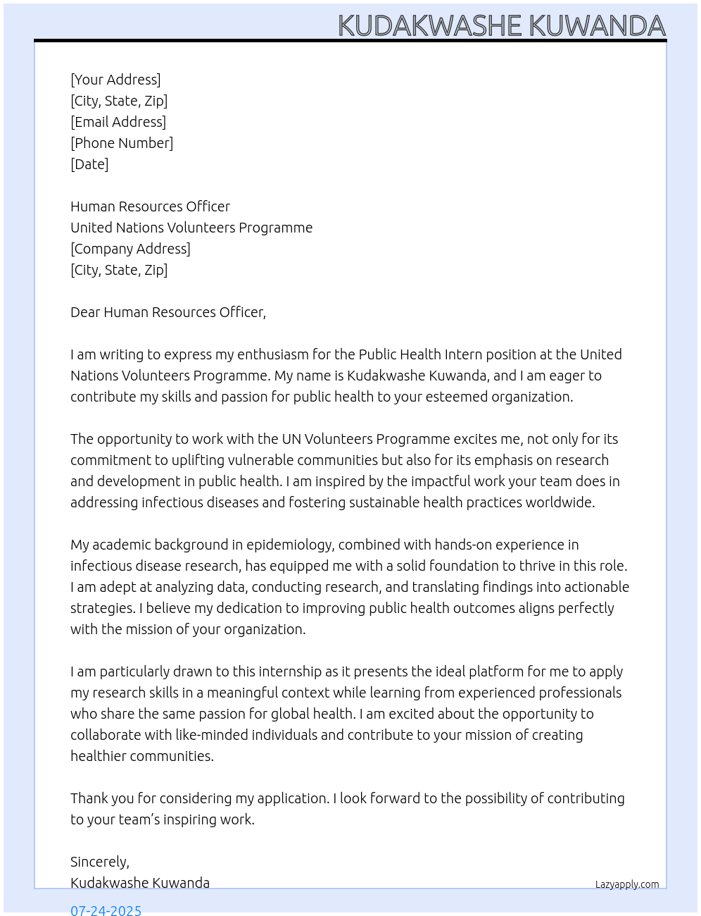Cover letter for public health intern - LazyApply