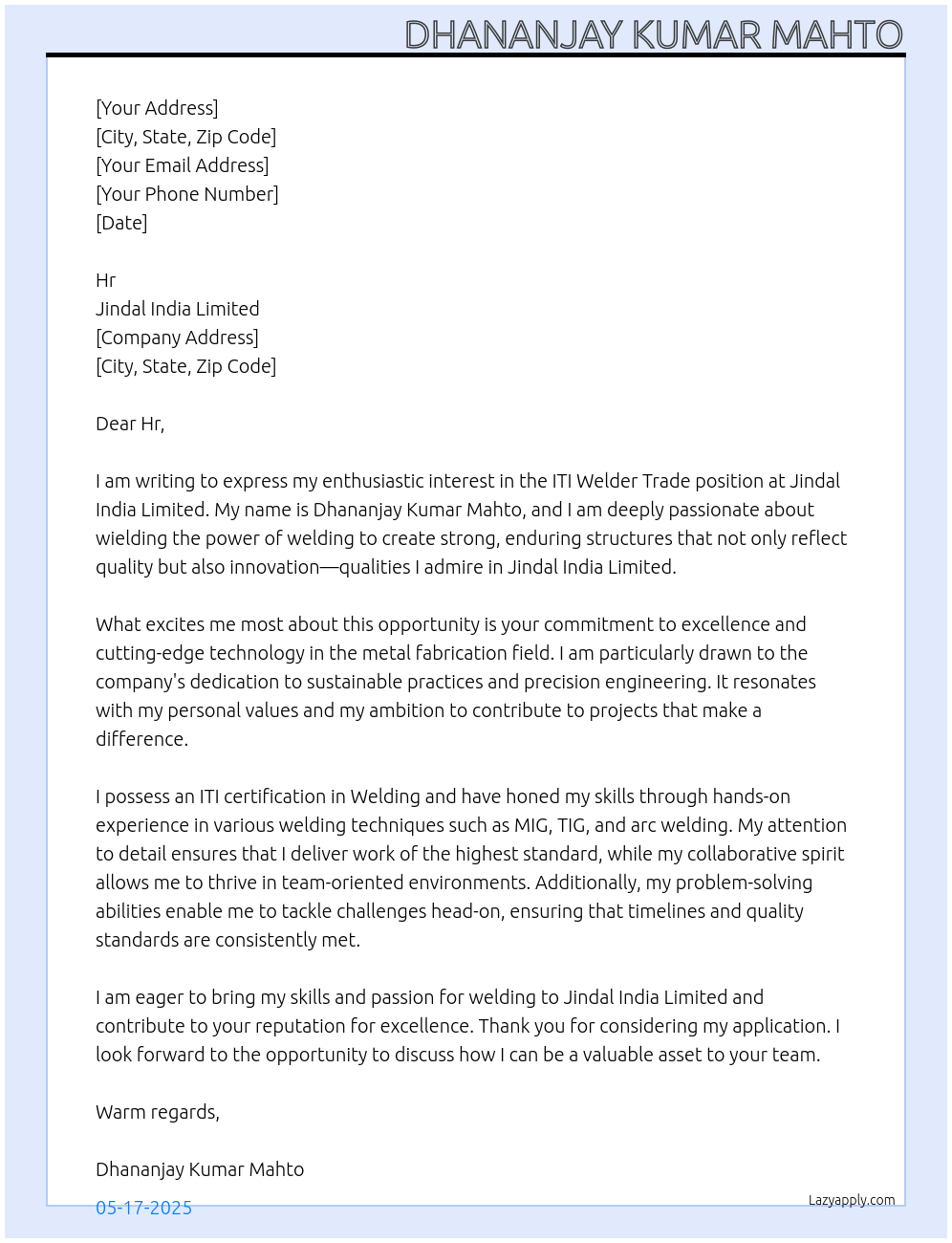 Cover letter for iti welder trade - LazyApply