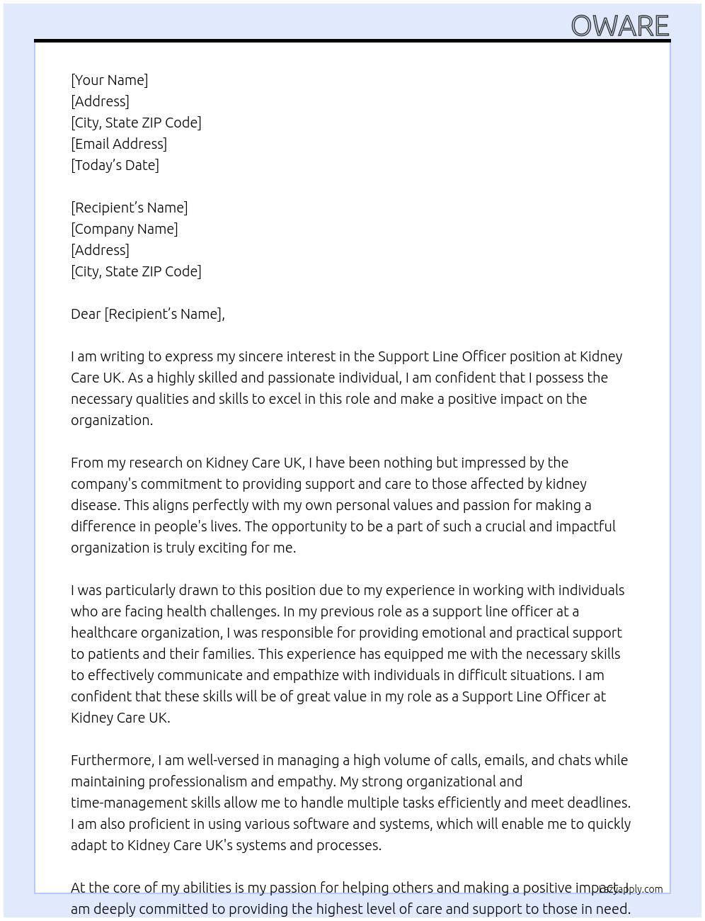 Cover letter for support line officer - LazyApply