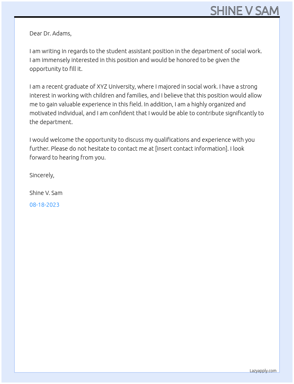 Cover letter for student assistant - LazyApply