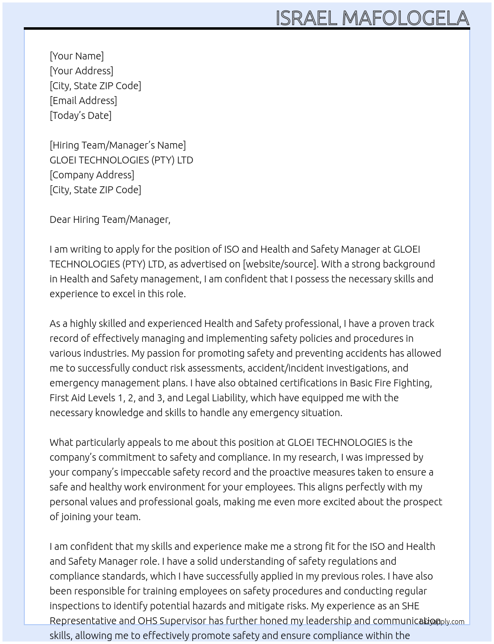 Cover letter for iso and health and safety manager - LazyApply