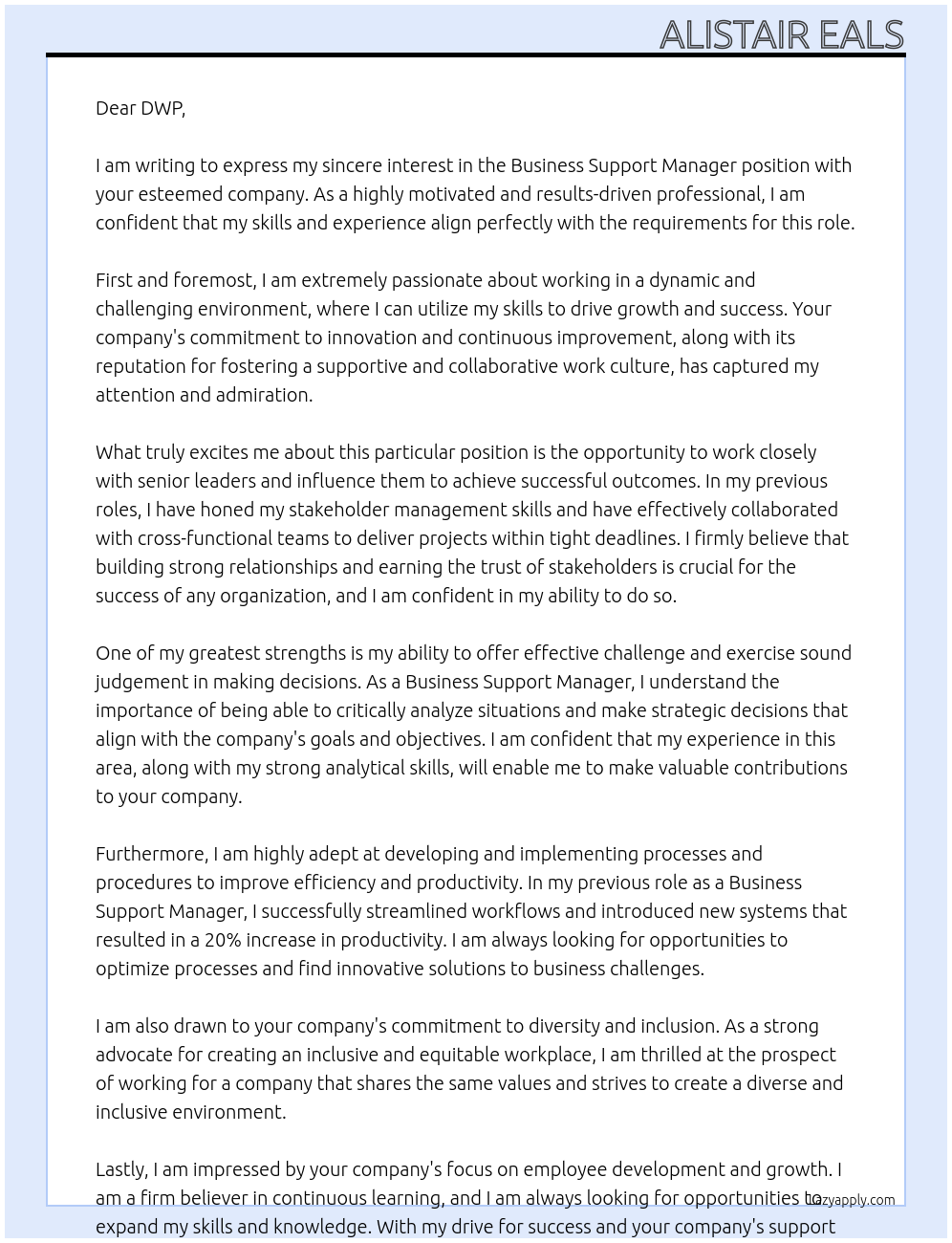 Cover letter for business support manager - LazyApply