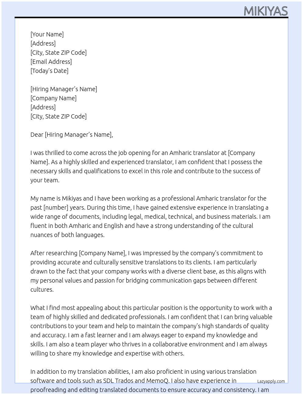 Cover letter for amharic translator - LazyApply