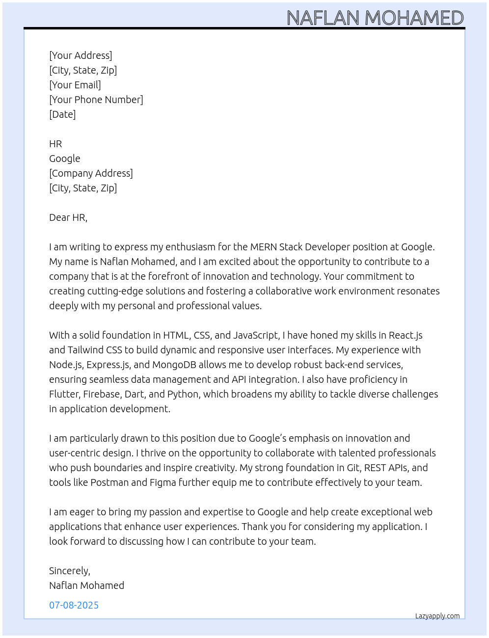 Cover letter for google - LazyApply