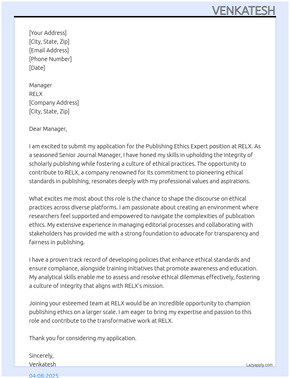 Cover letter for publishing ethics expert - LazyApply