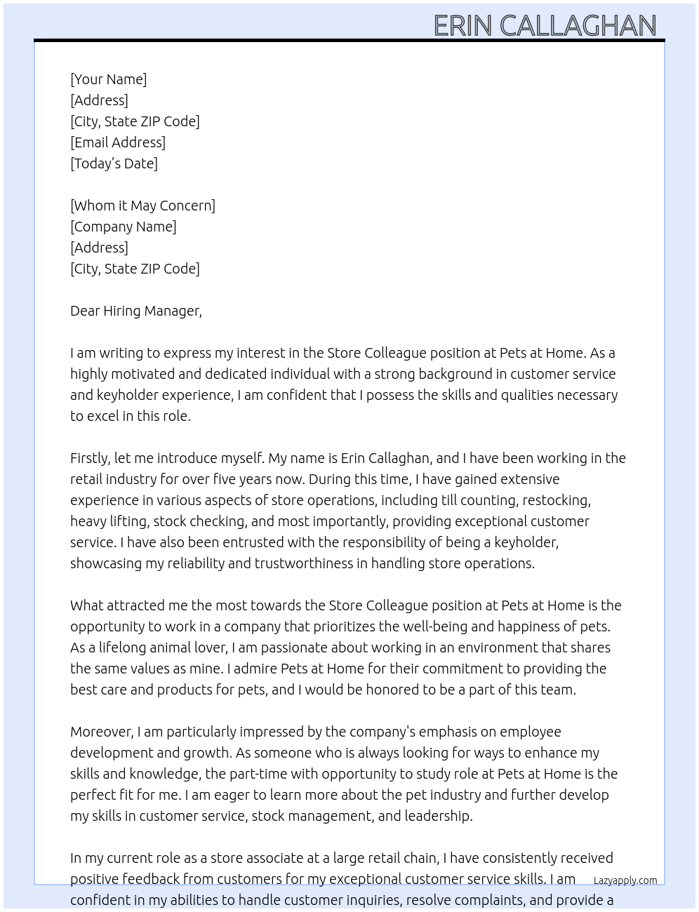 Cover letter for store colleague - LazyApply