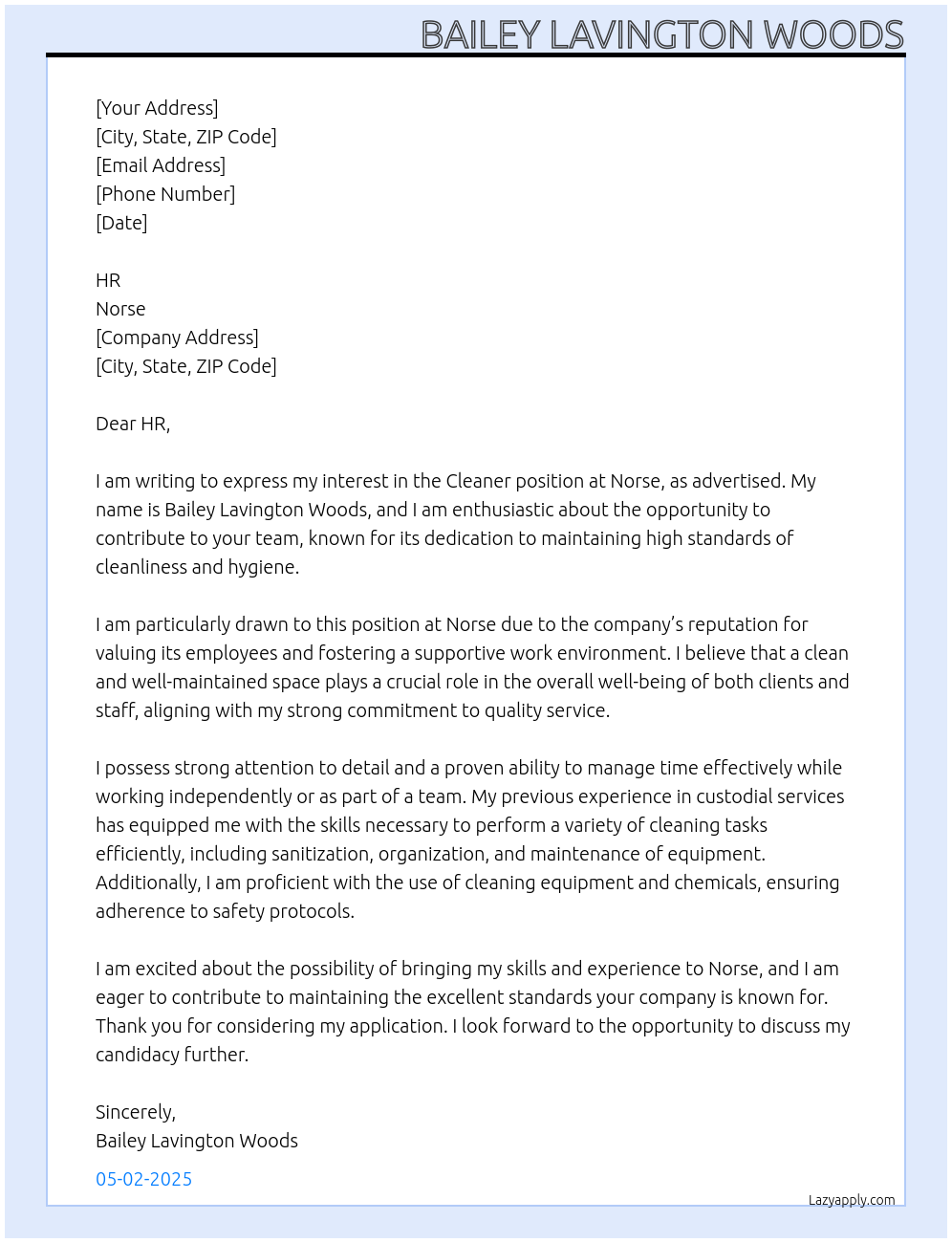 Cover letter for cleqner - LazyApply