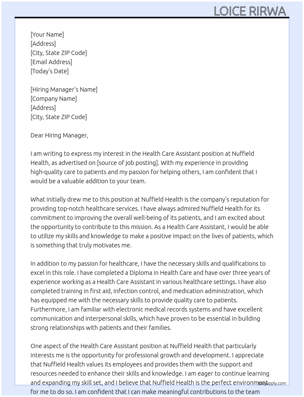 Cover letter for health care assistant - LazyApply
