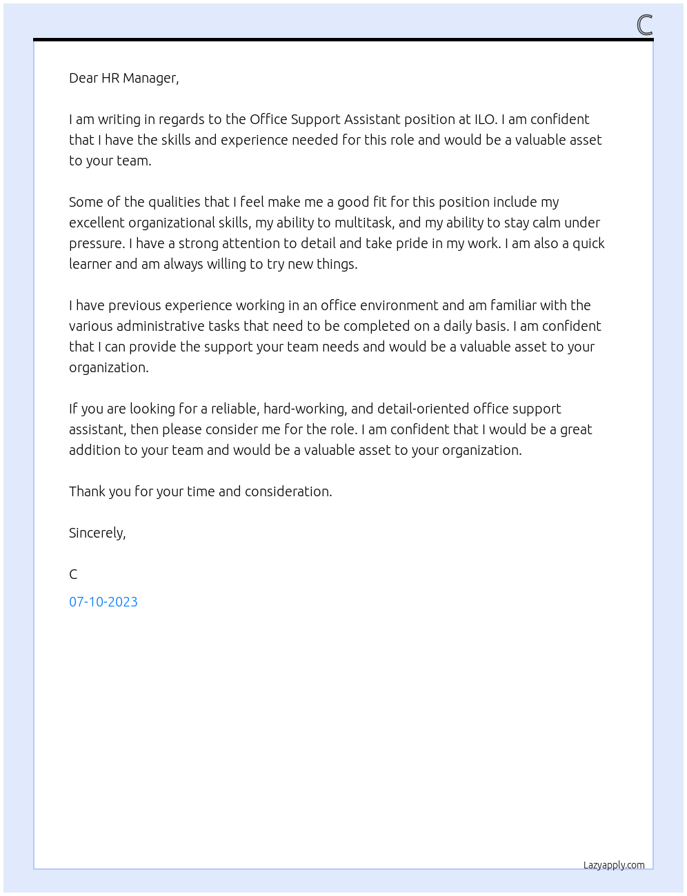 Cover letter for office support assistant - LazyApply