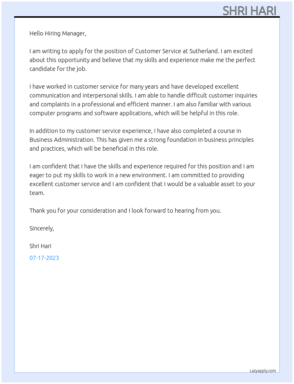 Cover letter for sutherland - LazyApply