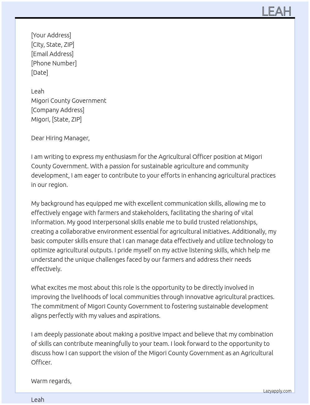 Cover letter for agricultural officer - LazyApply