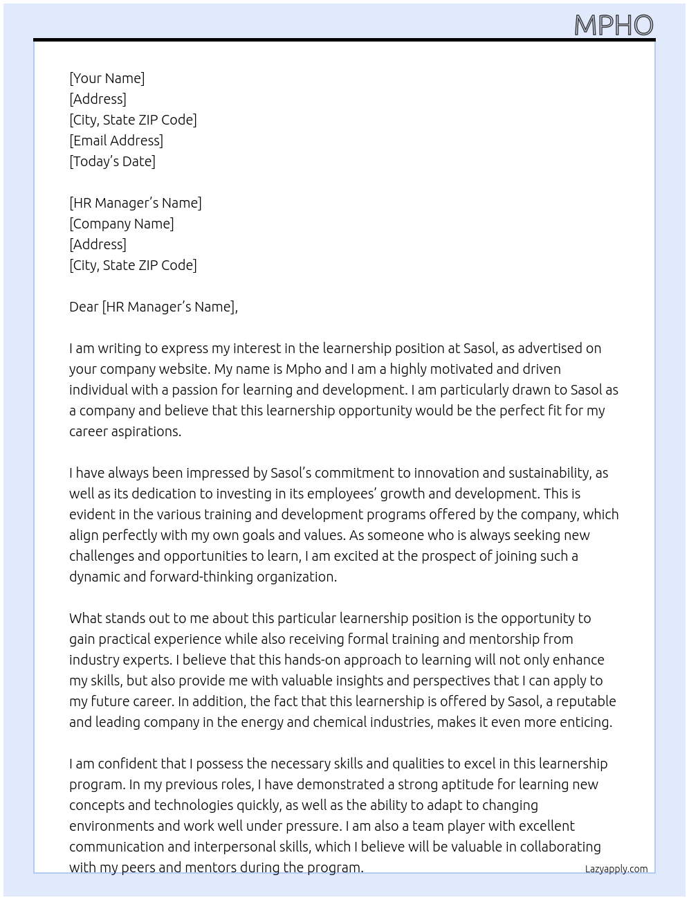 Cover letter for learnership - LazyApply