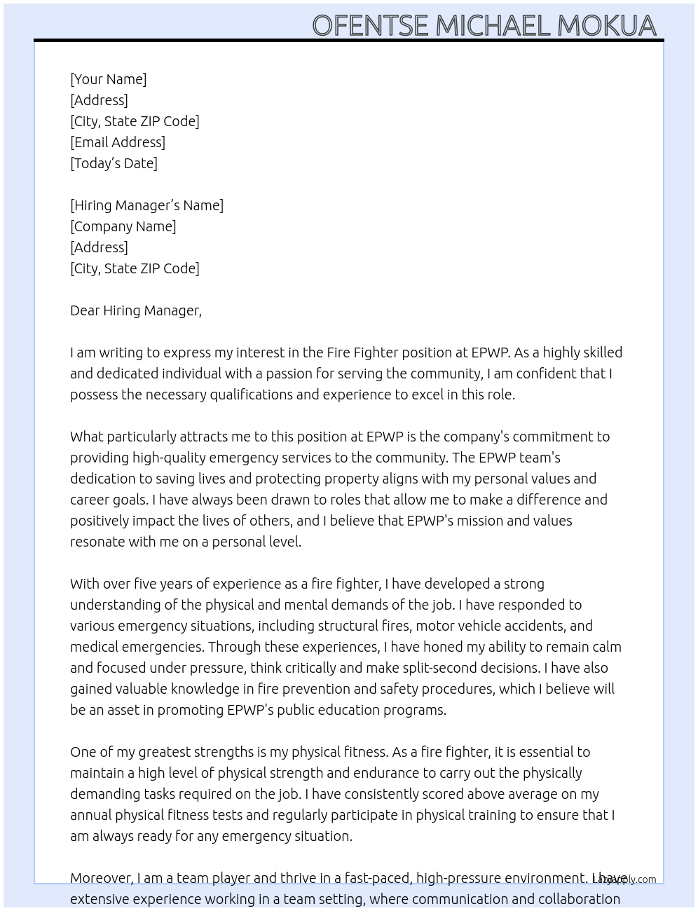 Cover letter for fire fighter - LazyApply