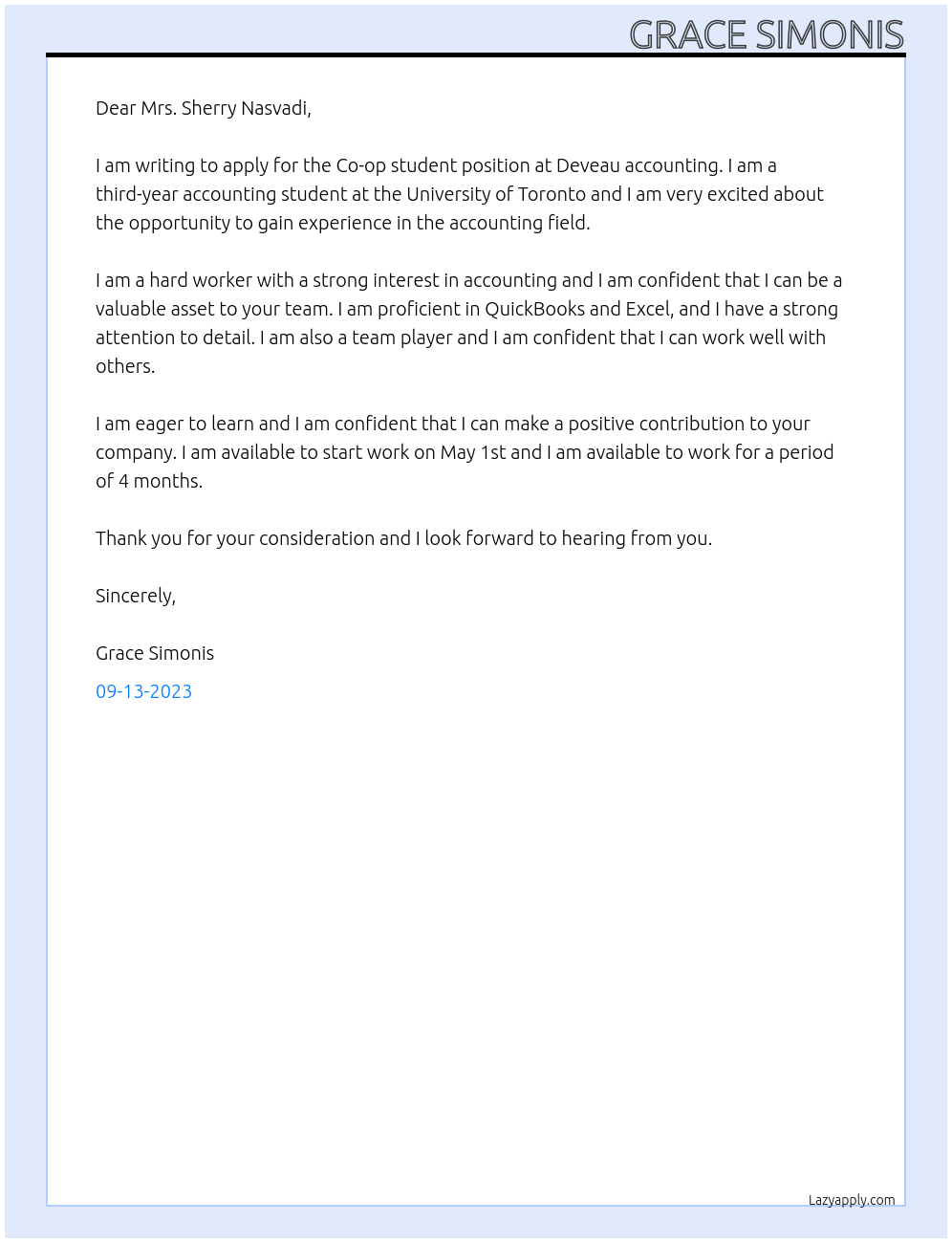 Cover letter for co-op student - LazyApply