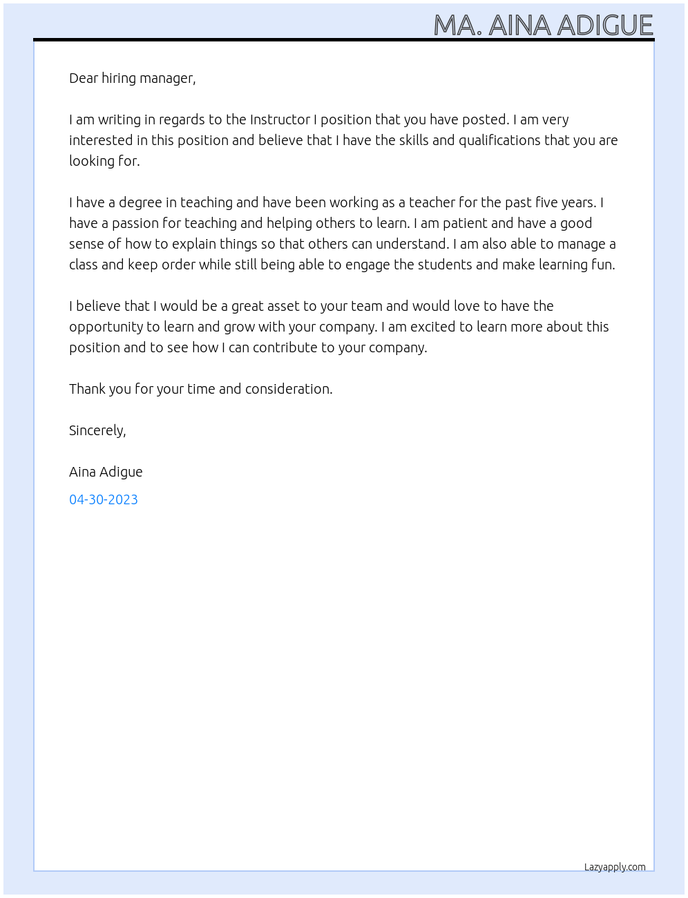 Cover letter for instructor i - LazyApply