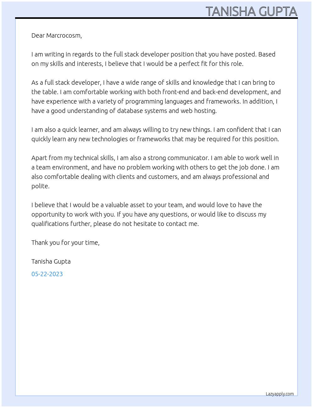 Cover letter for full stack developer - LazyApply