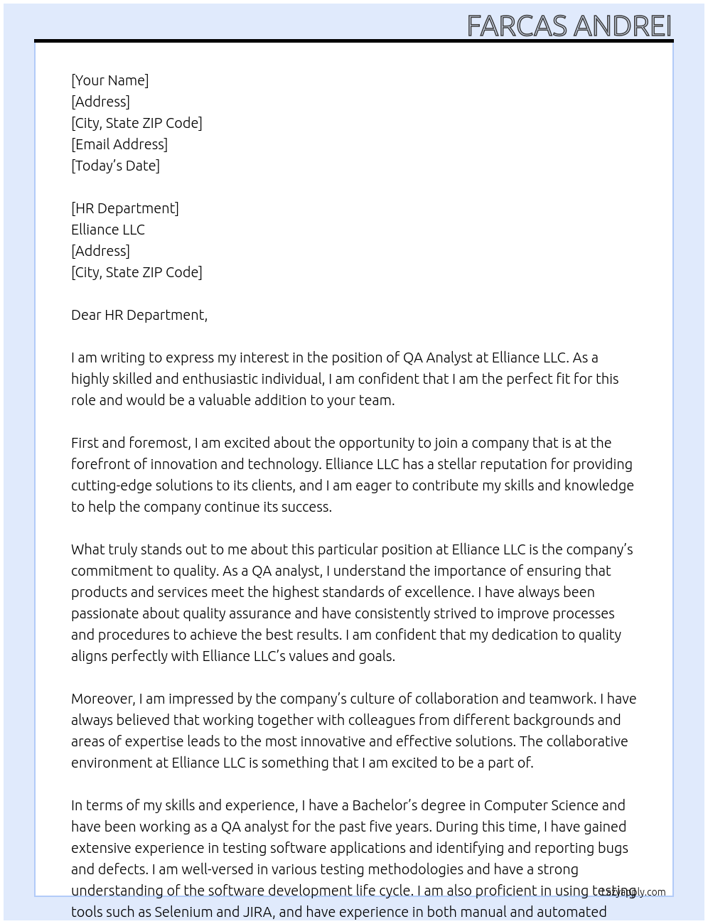 Cover letter for qa analyst - LazyApply